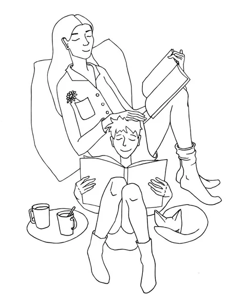 Black pen drawing art line mom and son read books at home quarantine ...