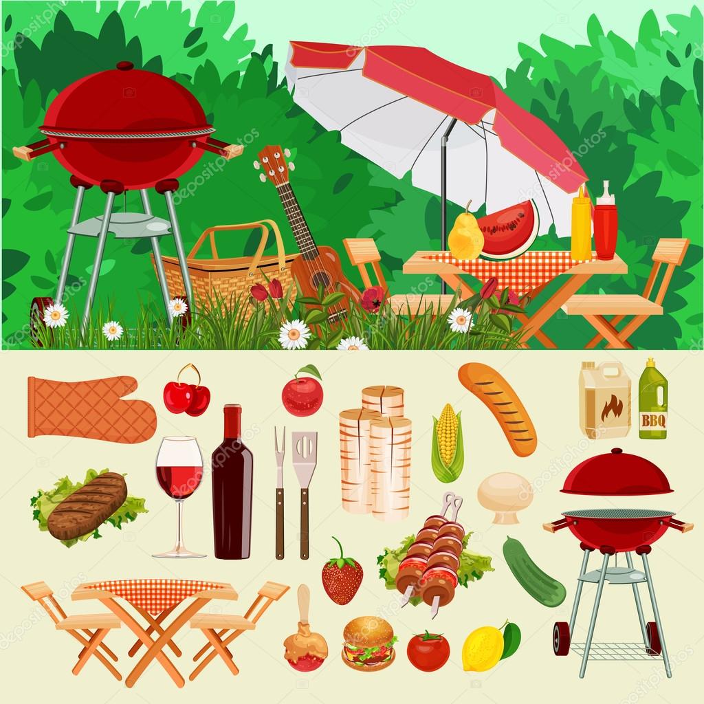 Vector illustration family picnic. Summer, spring barbecue and picnic ...