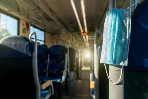 Empty inside train bus subway public transport with window view and ...