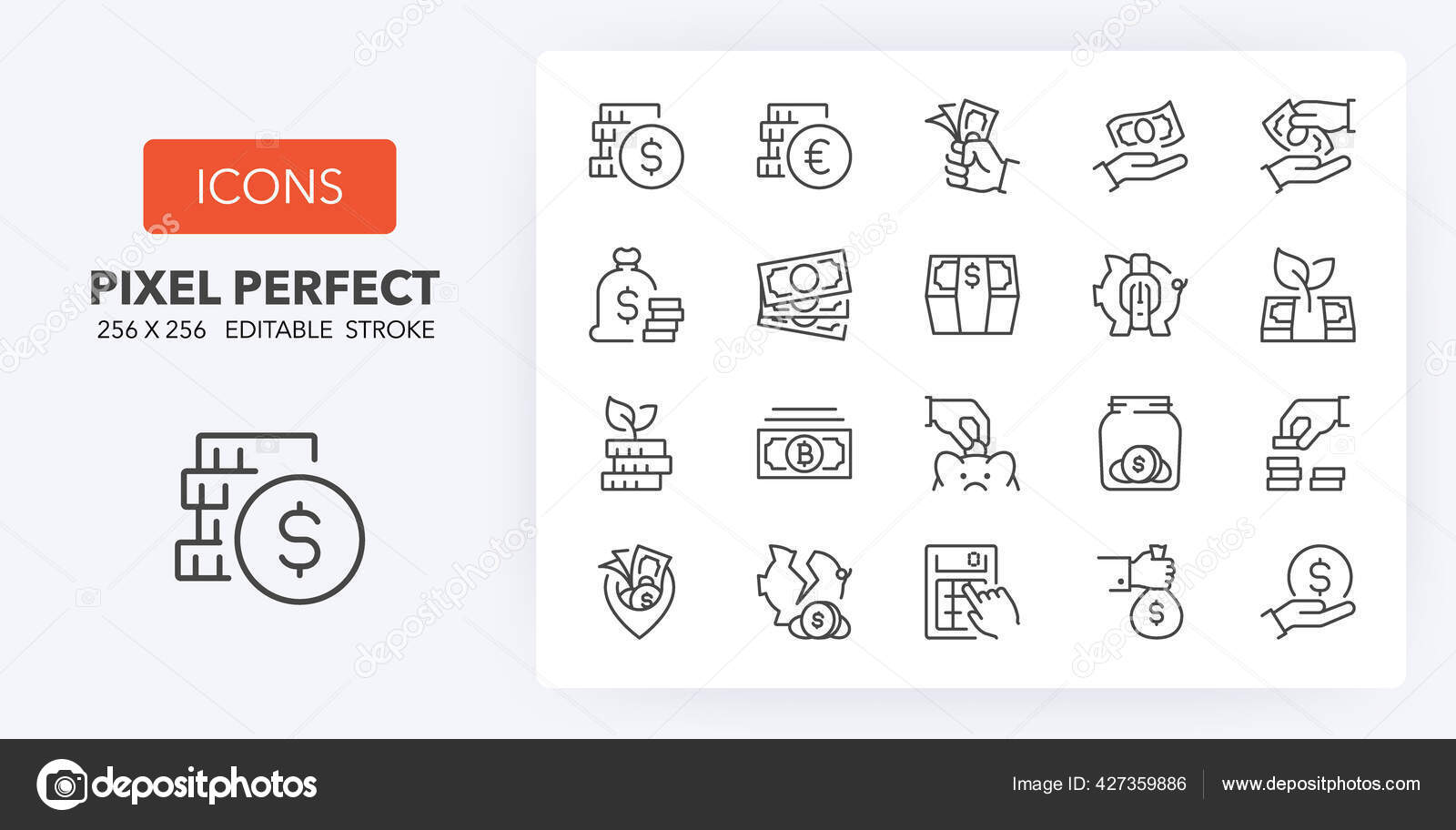 Money Coins Finances Thin Line Icon Set Outline Symbol Collection Stock ...