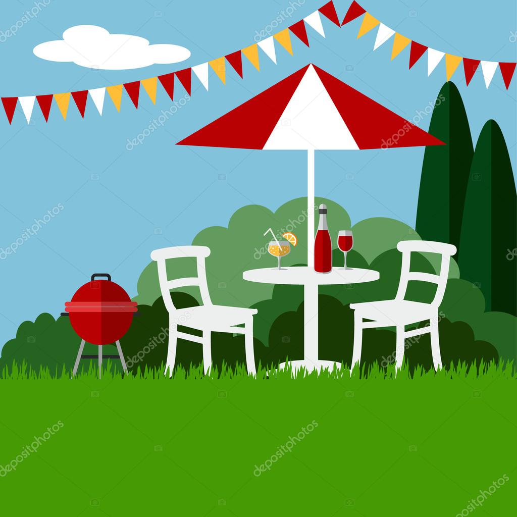 Summer garden party barbecue background, flat design, vector — Stock ...