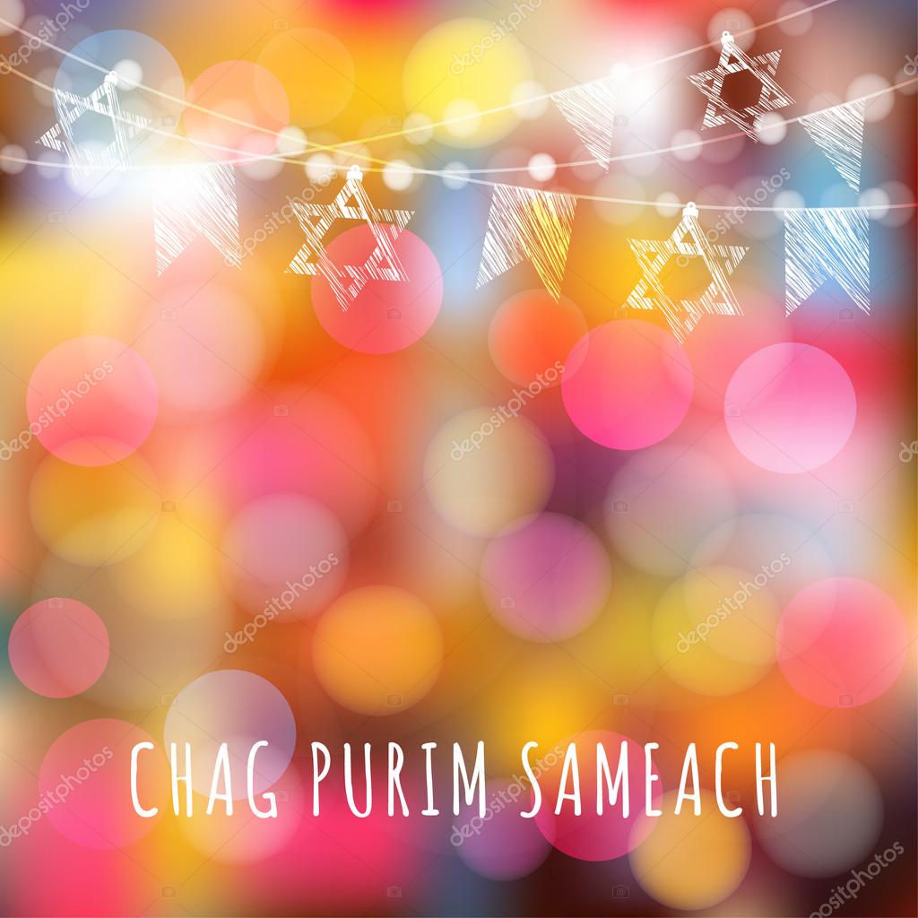 Chag Purim greeting card with garland of lights and jewish stars ...