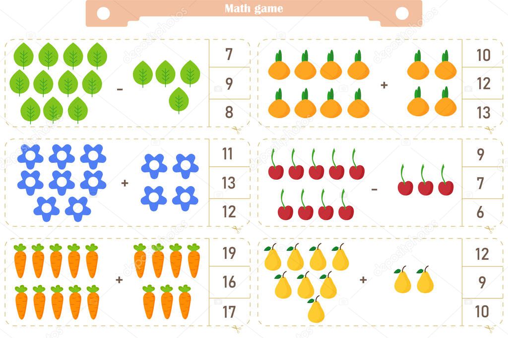 Juego de matemáticas para niños. Suma y resta. La puntuación es 1-20 ...