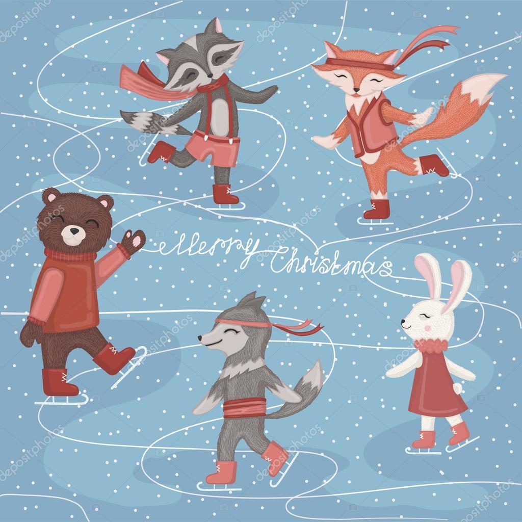 Cute Cartoon Animals Ice Skating