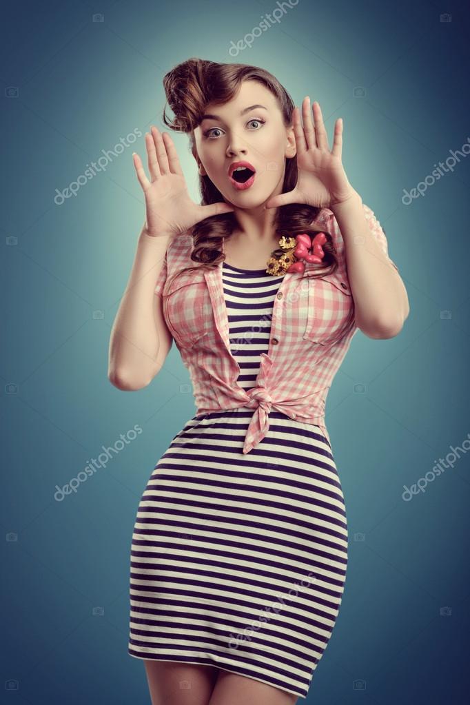Beauty Surprised pinup girl on blue background — Stock Photo ... Beauty Surprised pinup girl on blue background — Stock Photo ...