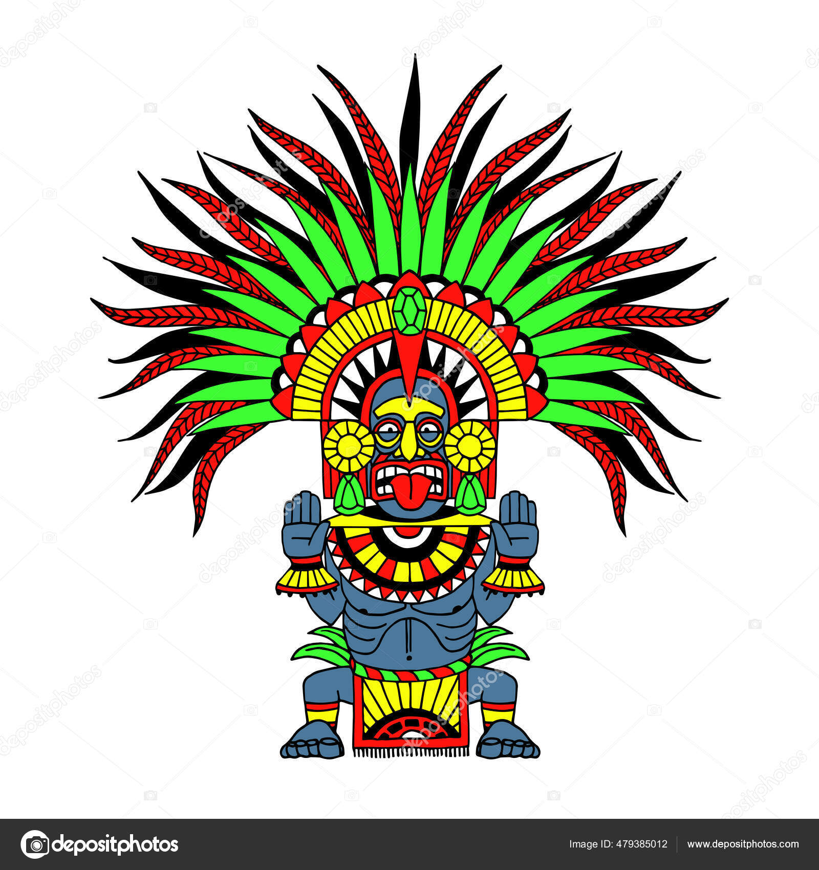 Indian Decorative Totem Aztec God Wearing Feather Crown Masked Shaman ...