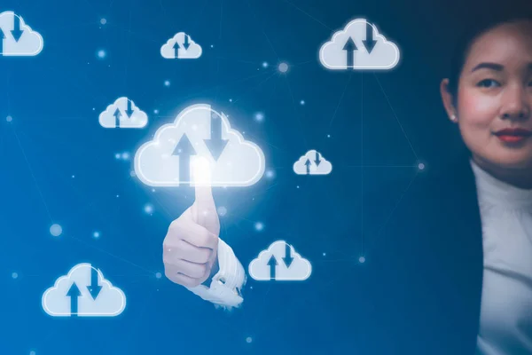 Businesswoman touching connect to data information on the cloud icon computing network., Backup ...