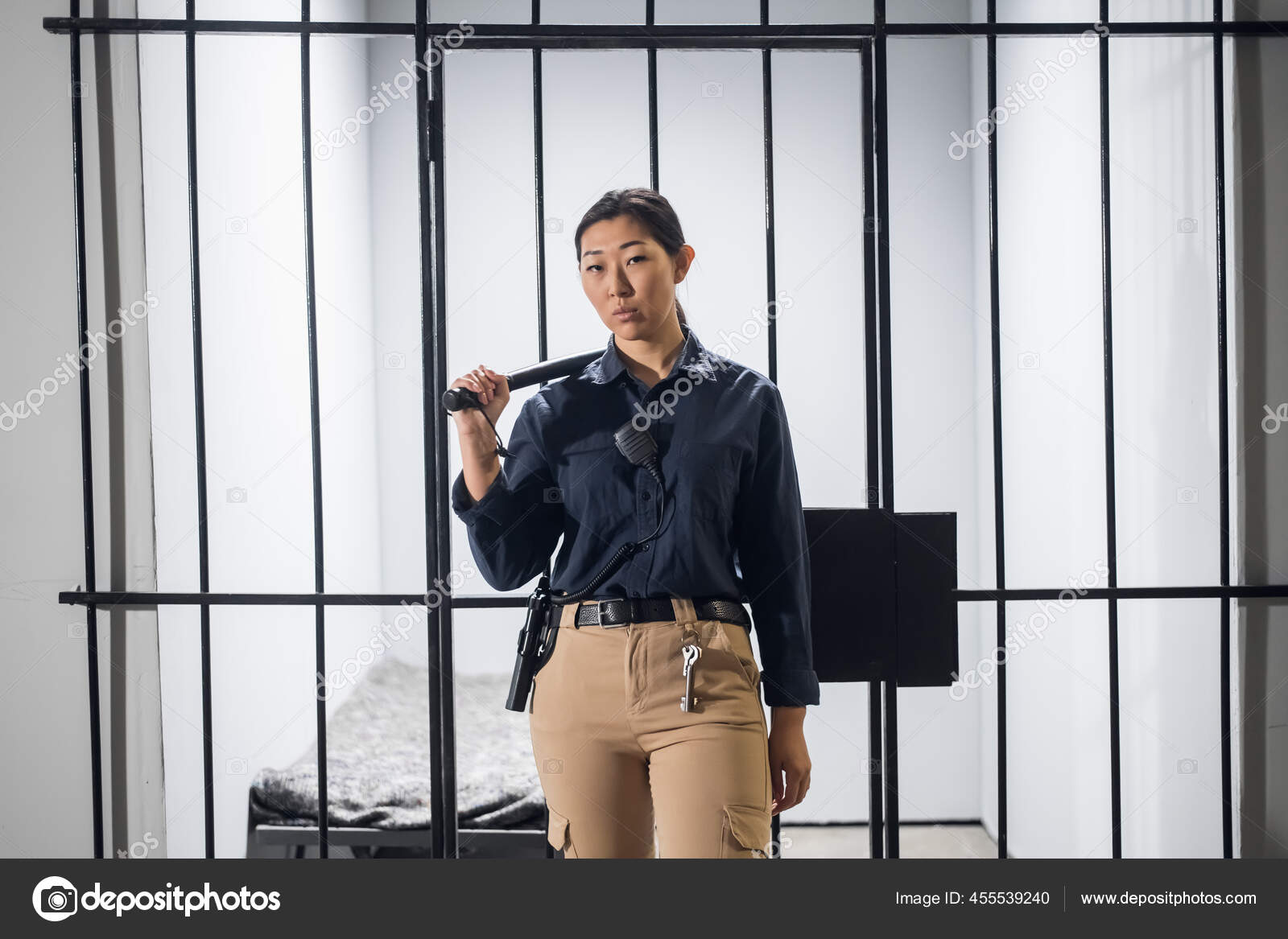 Asian guard in uniform In full armor with a baton and a pistol on the ...