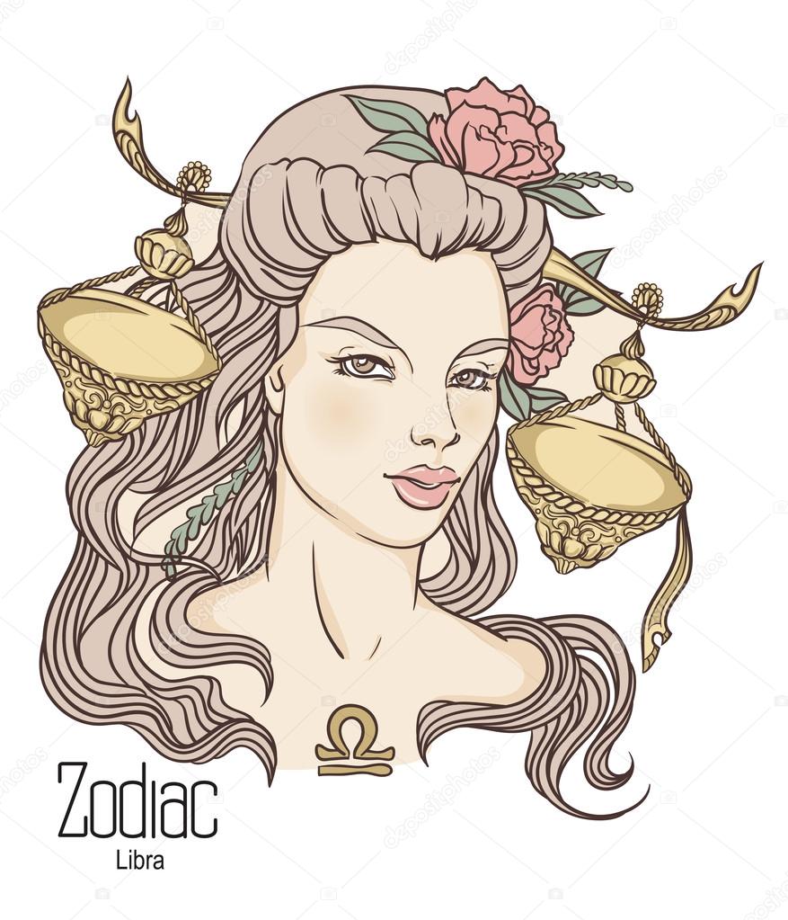 Zodíaco. Ilustración vectorial de Libra como niña con flores. 2022