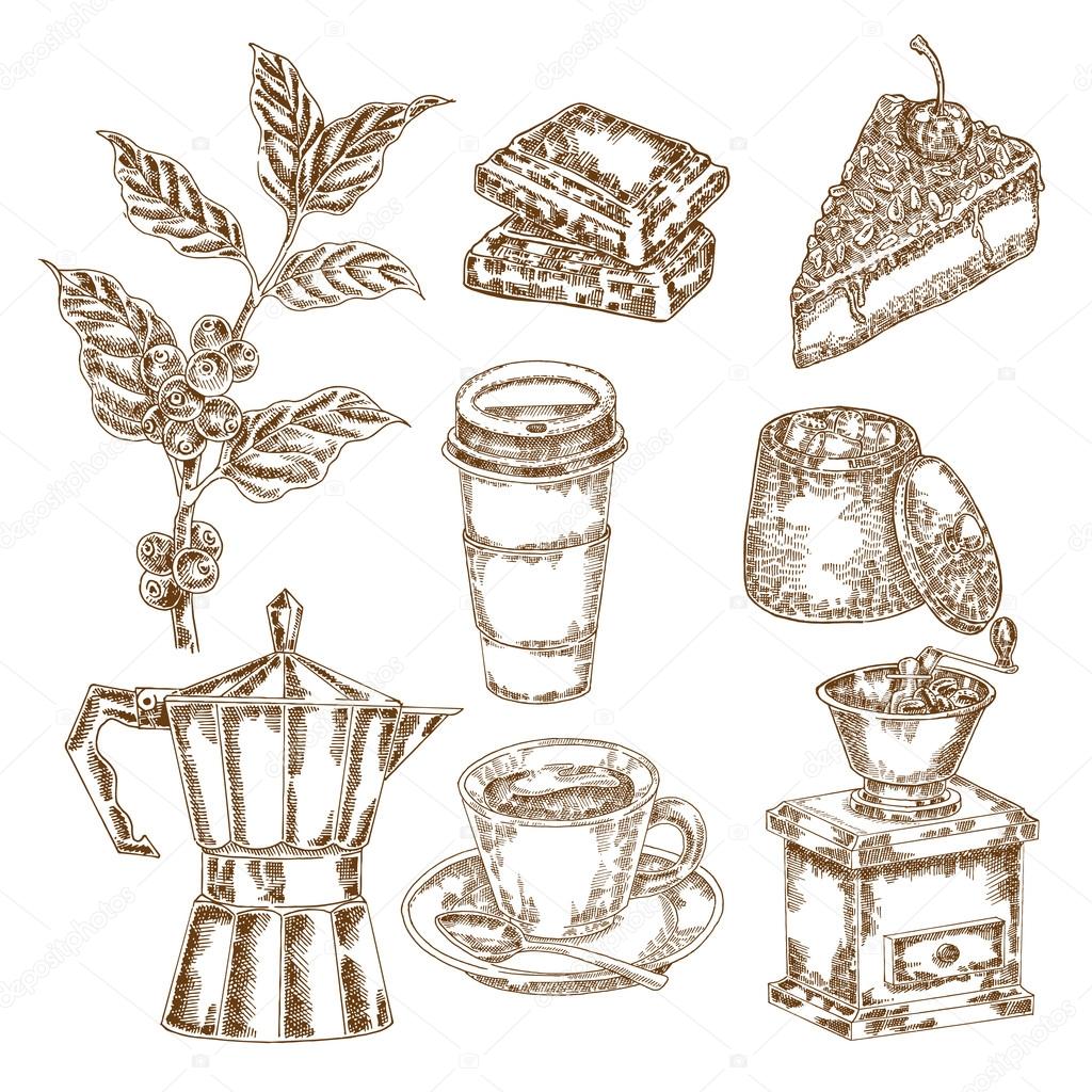 Hand drawn coffee set. Vector illustration in sketch style Stock Vector ...