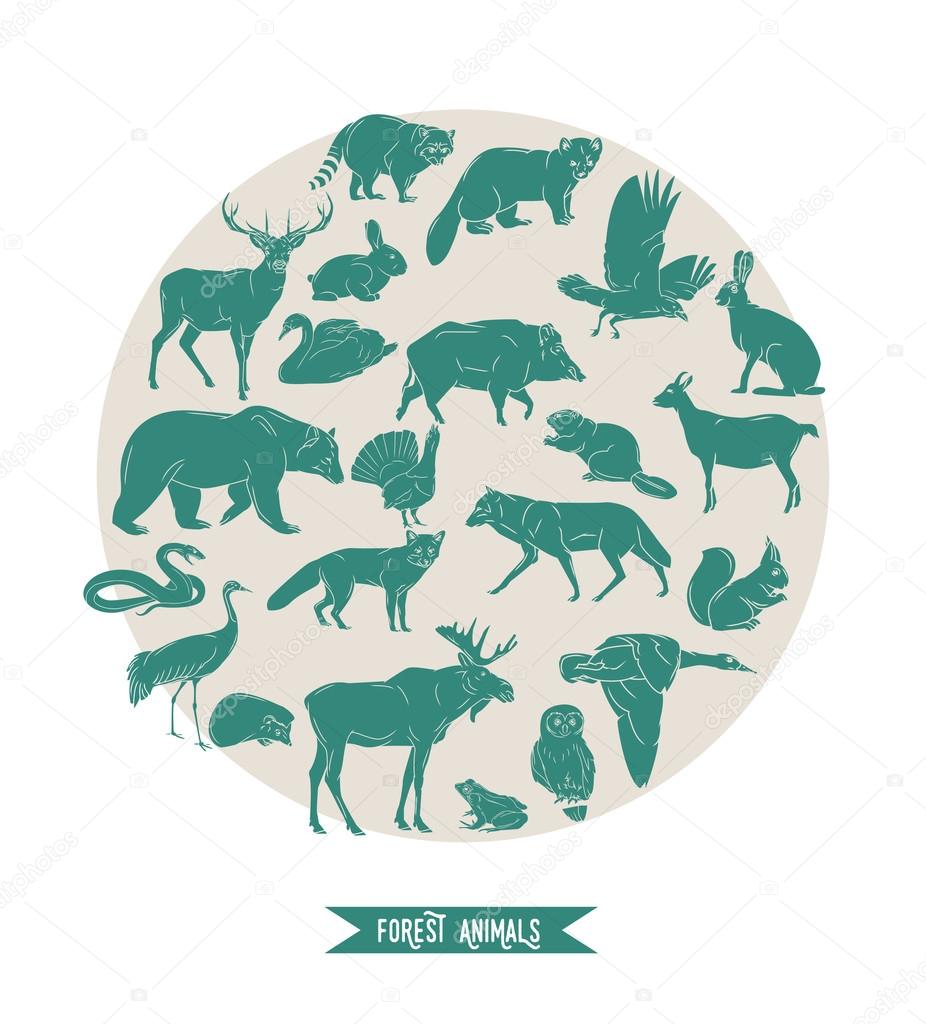 Hand drawn forest animals. Animals silhouettes vintage. Vector Stock ...