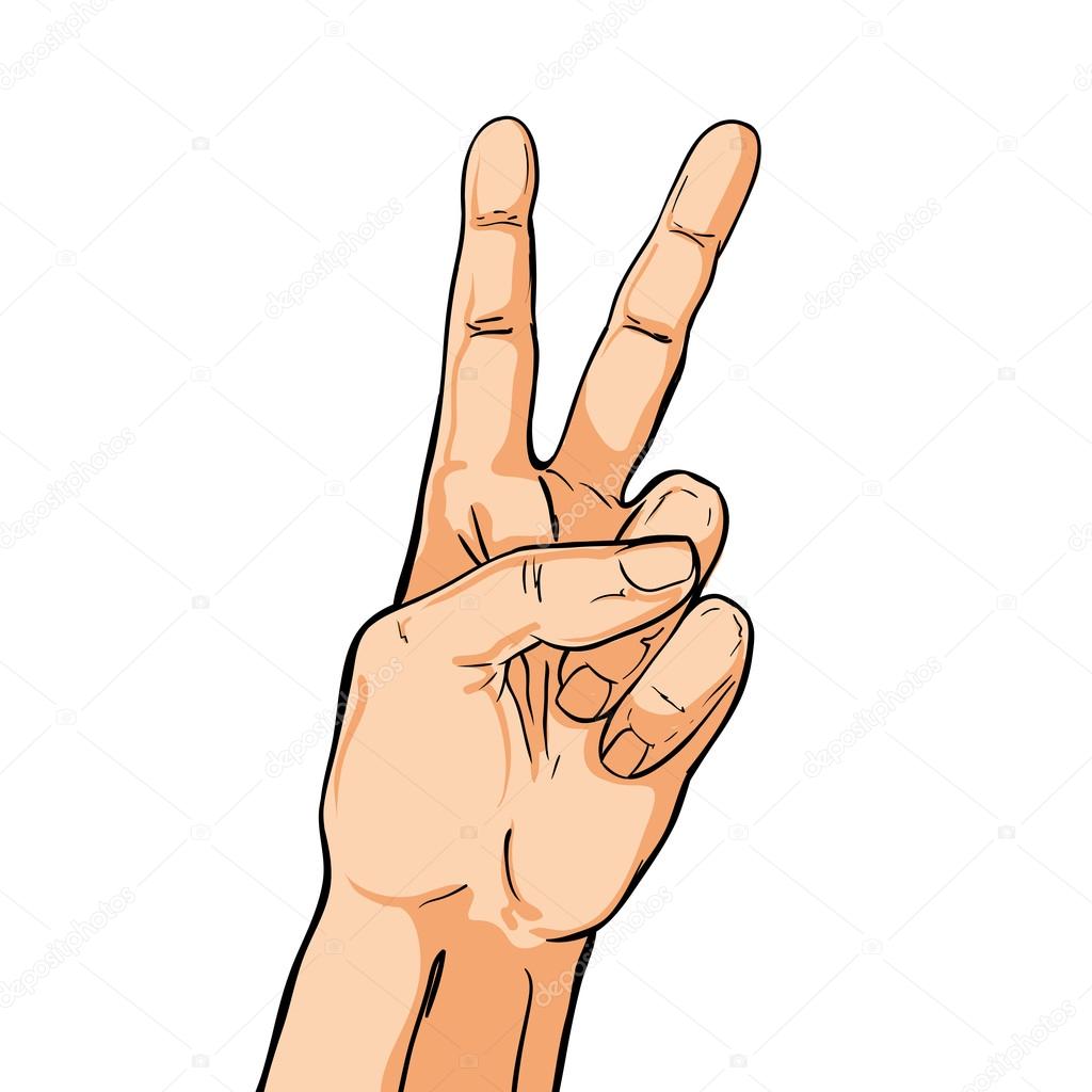 Signo V de mano. Dedos mostrando dos. Ilustración vectorial en arte pop ...