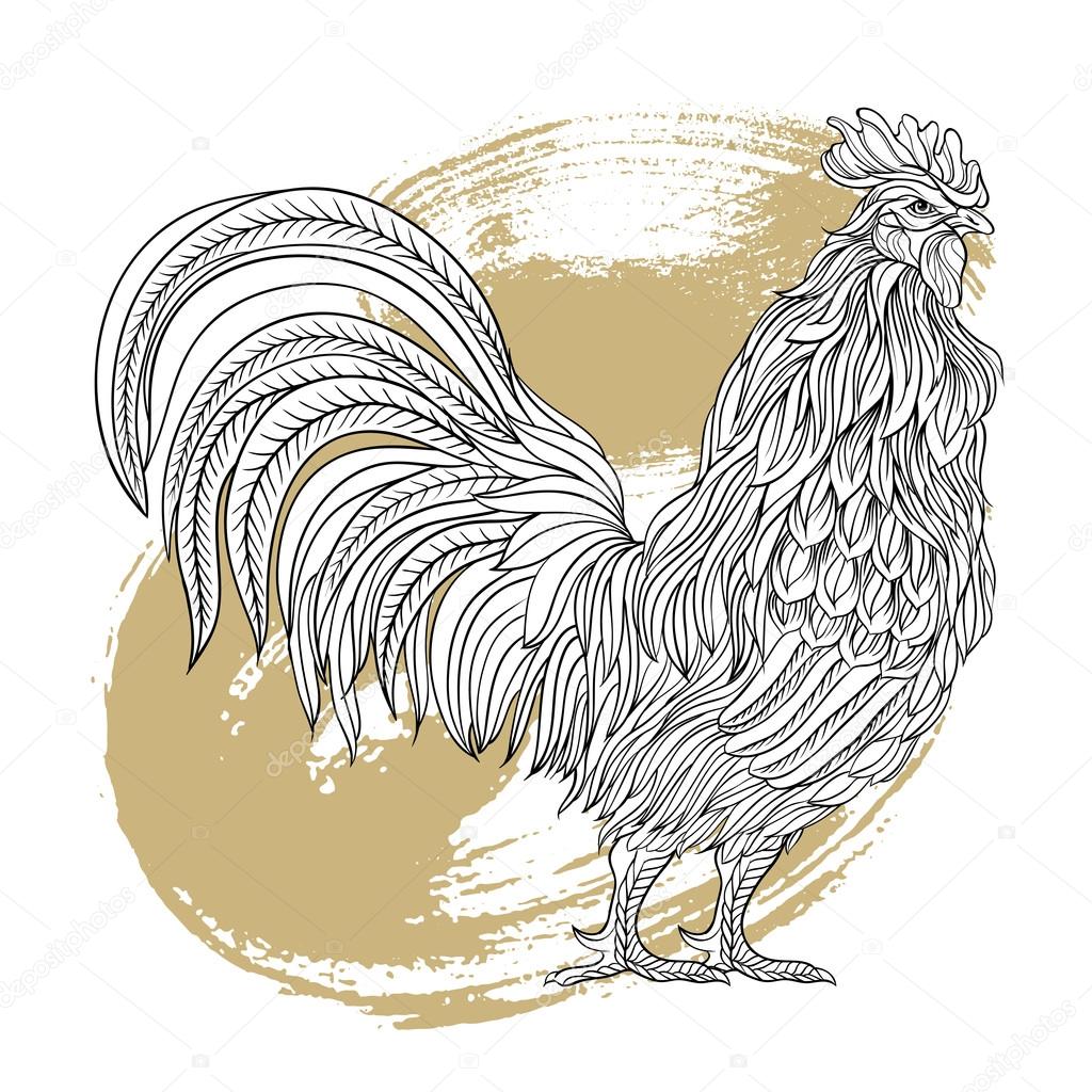 Hand drawn rooster in line art style. Vector illustration. Symbol of ...