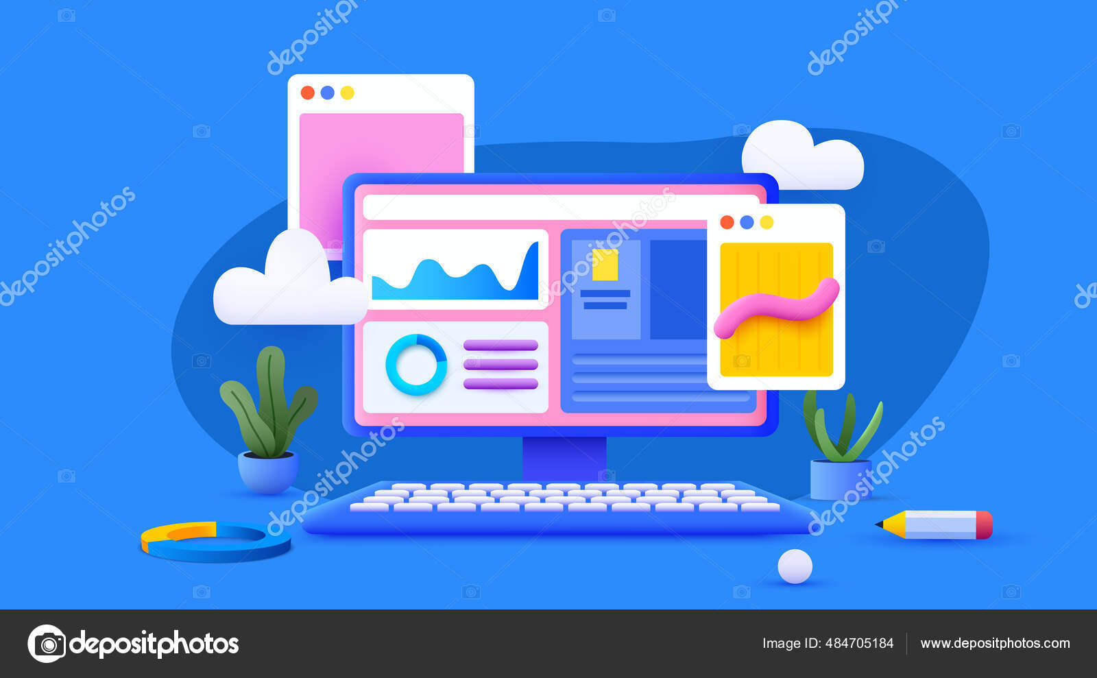 Workplace 3d render. Business and finance analytics concept. Stock ...