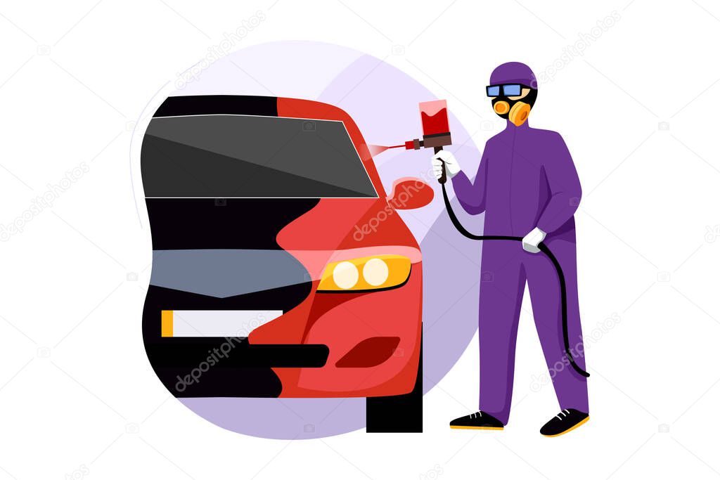 Un pintor de coches profesional que está pintando la carrocería de un ...