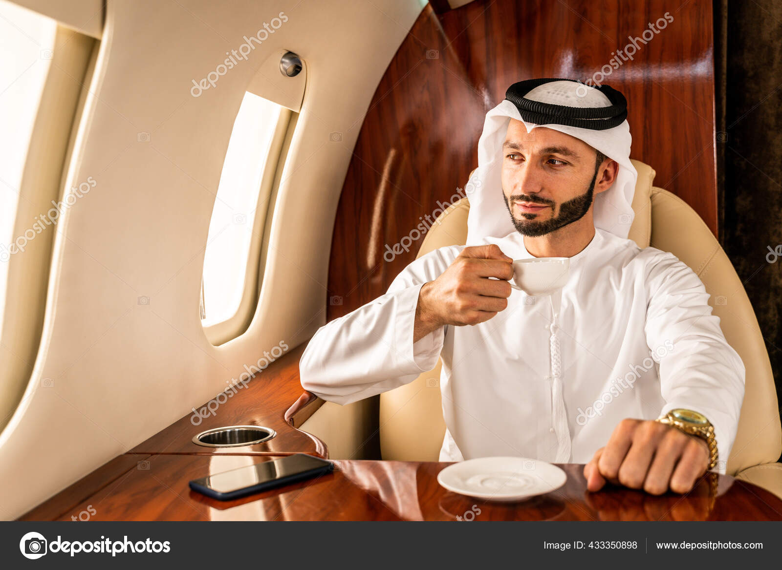 Arabic Man Wearing Kandora Emirates Style Flying Exclusive Private Jet ...