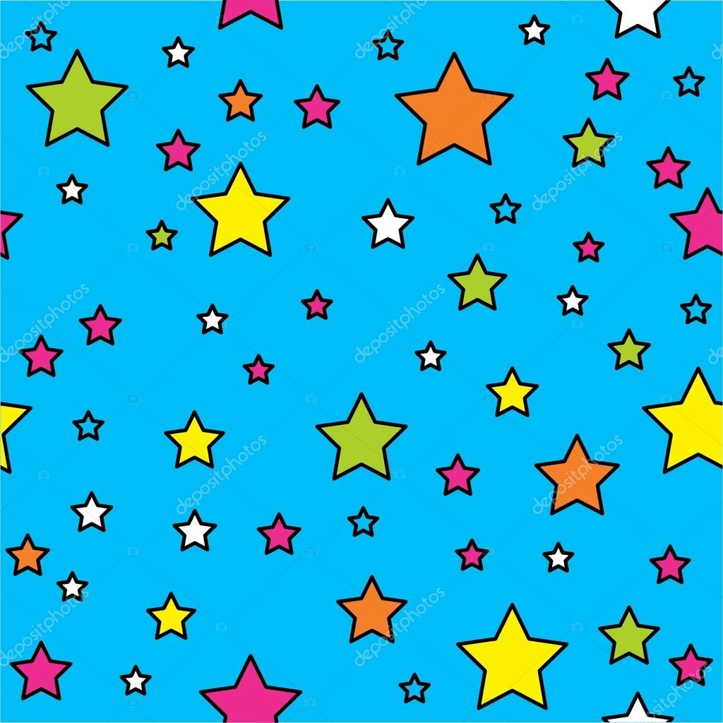 Vector seamless pattern with bright colorful stars and dots on blue ...