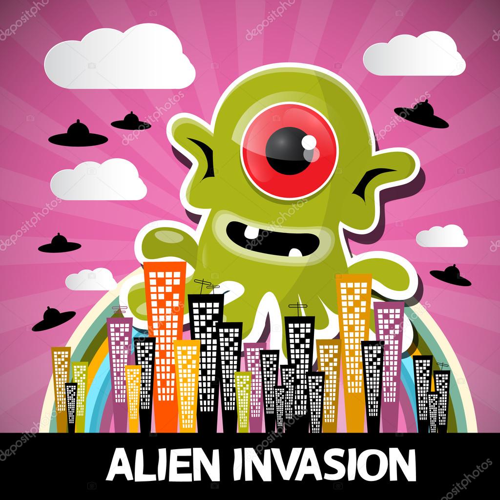 Alien Invasion Vector Dibujos Animados con Big Green Monster y Ciudad ...