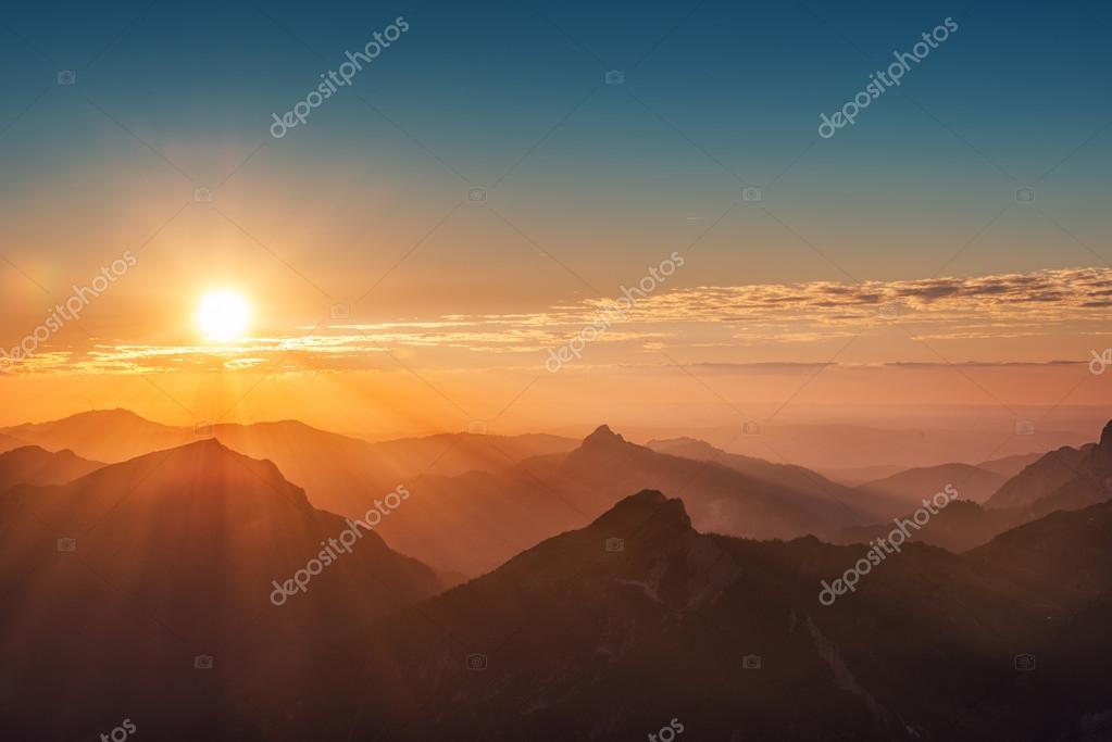 Colorful sunset on top of austrian mountain alps — Stock Photo ...