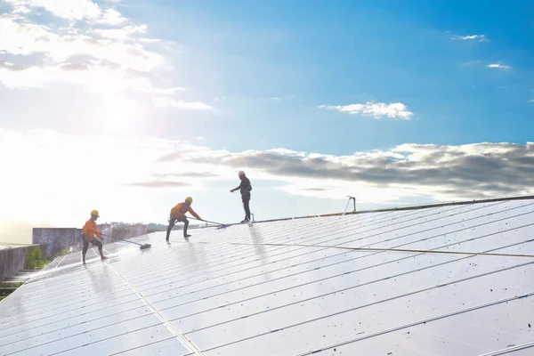 Photovoltaic Technician Washing Cleaning Panels Water Mops — Stock ...