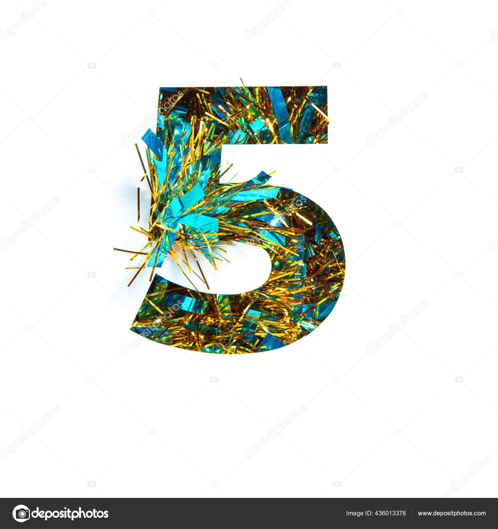 Celebration typeface, festive number five of glittering tinsel, paper ...