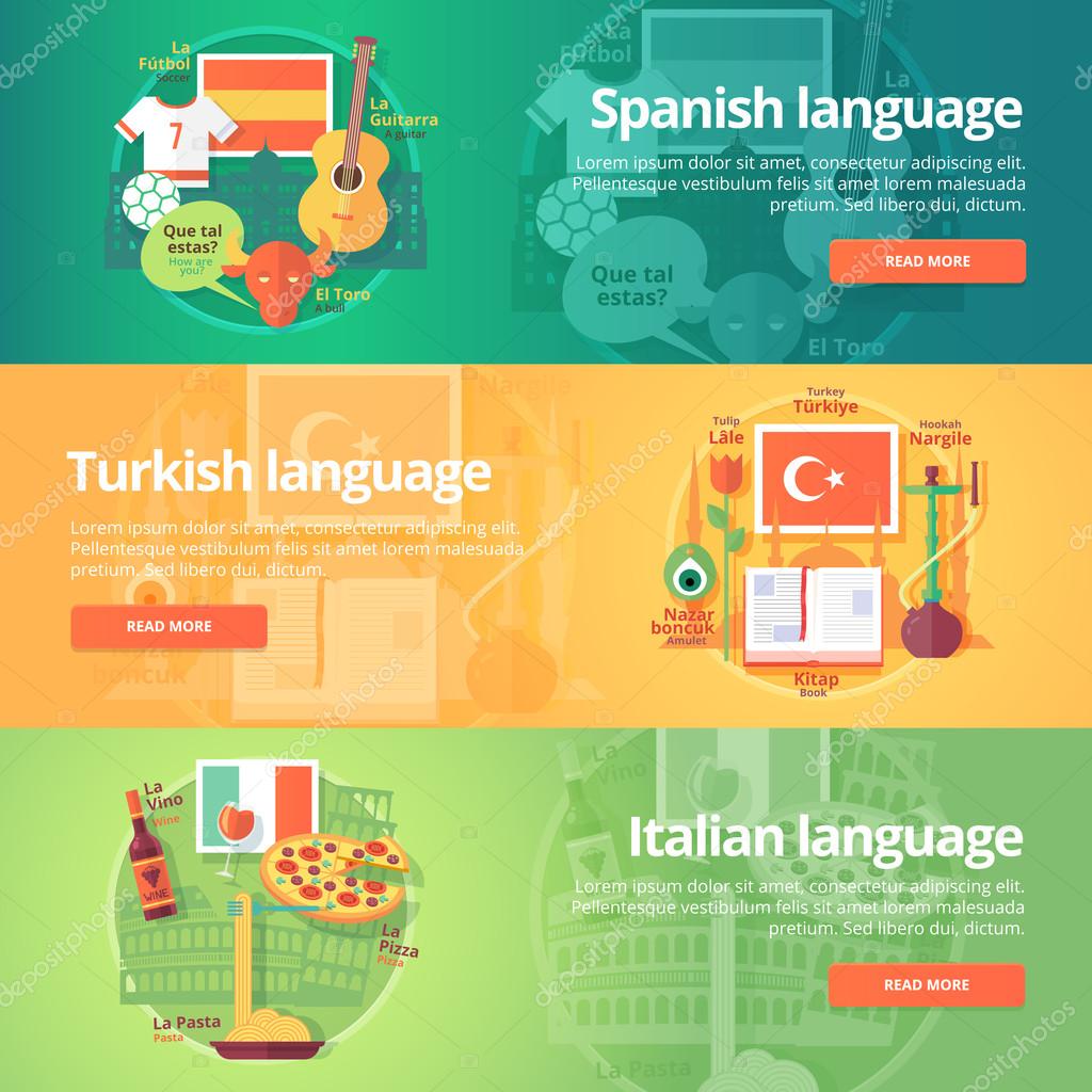 Foreign languages learning banner set. Design illustration for Spanish ...