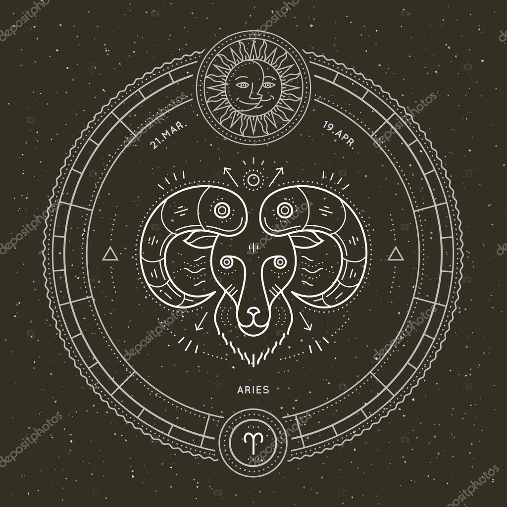 Vintage thin line Aries zodiac sign label. Retro vector astrological ...