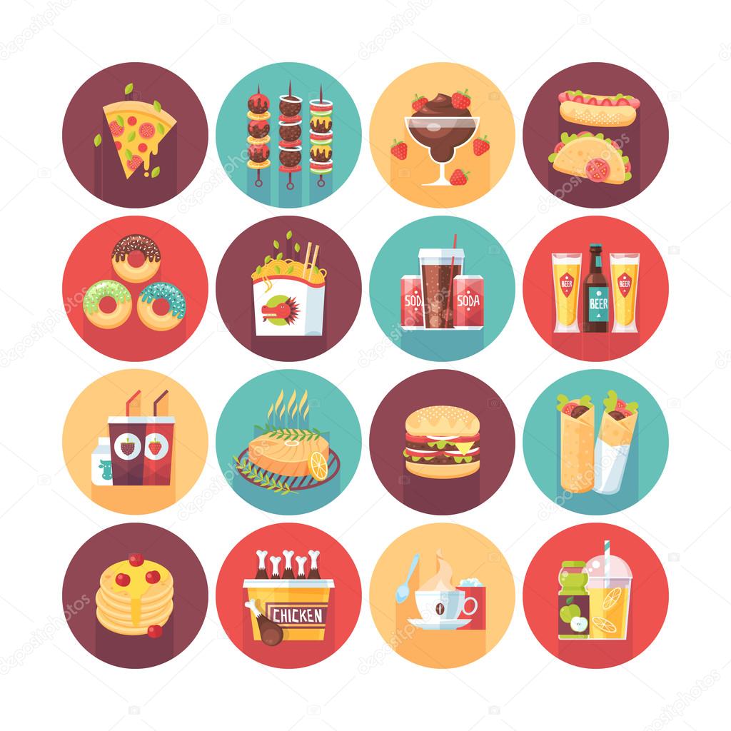 Fastfood, junk food, snack meal. Flat vector circle icons set with long ...