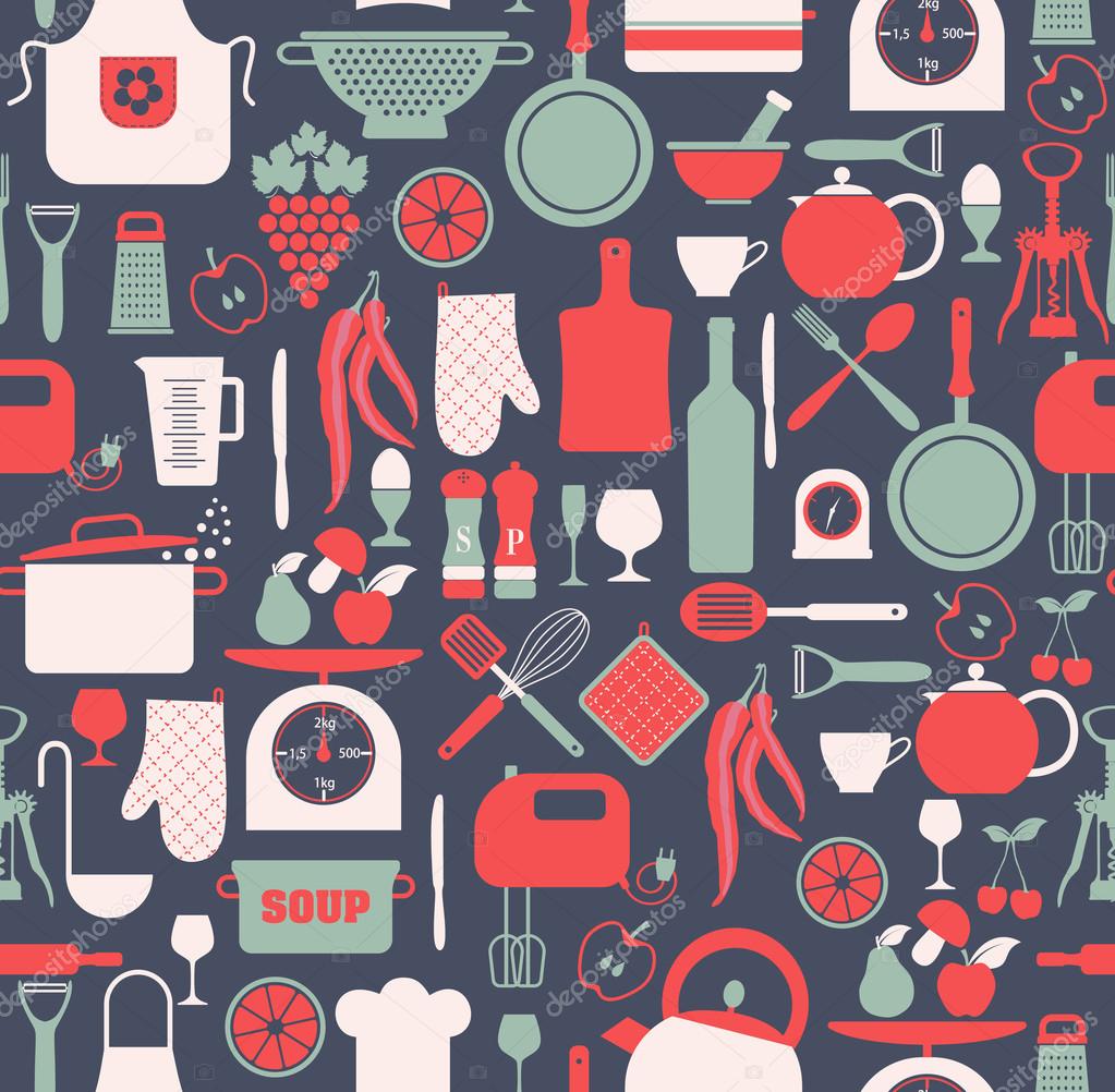 Seamless pattern of kitchen on blue — Free Stock Vector © olgamilagros ...