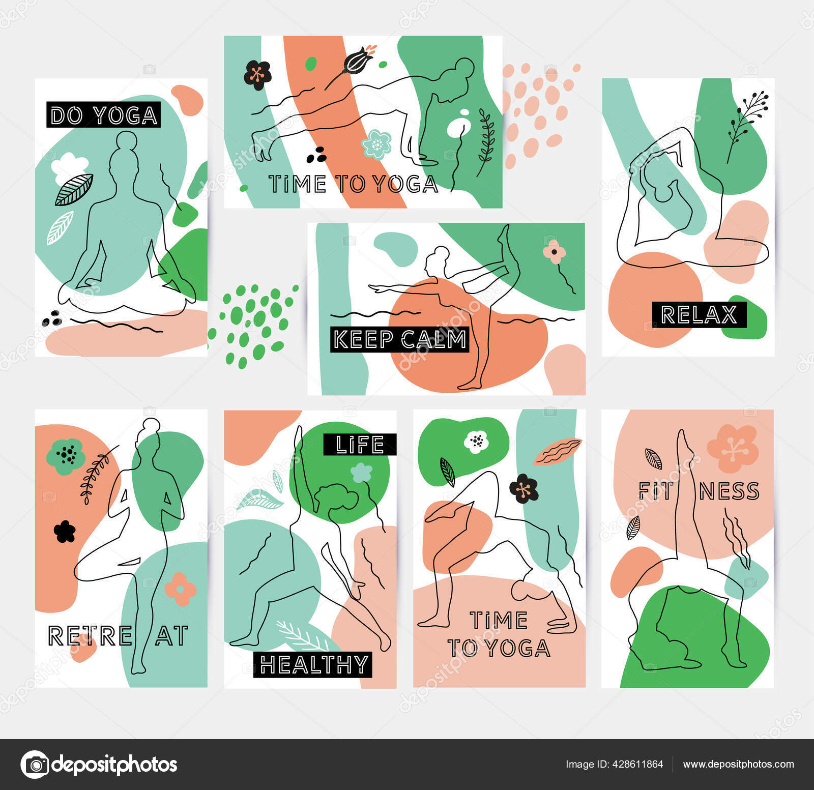 Premium quality yoga vector brochure cards of line set. Health ...