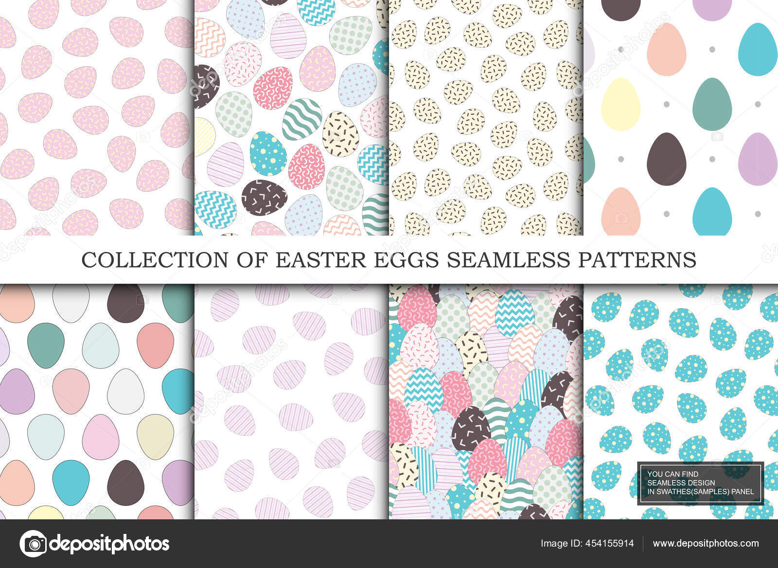Collection of Easter seamless patterns. Holiday repeatable backgrounds with eggs - delicate ...