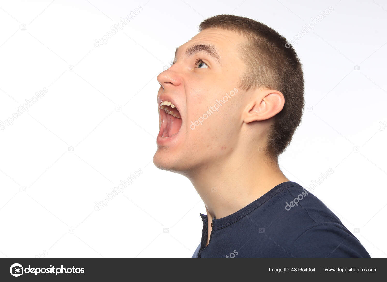Close Portrait Profile Young Man Blue Shirt White Background Studio ...