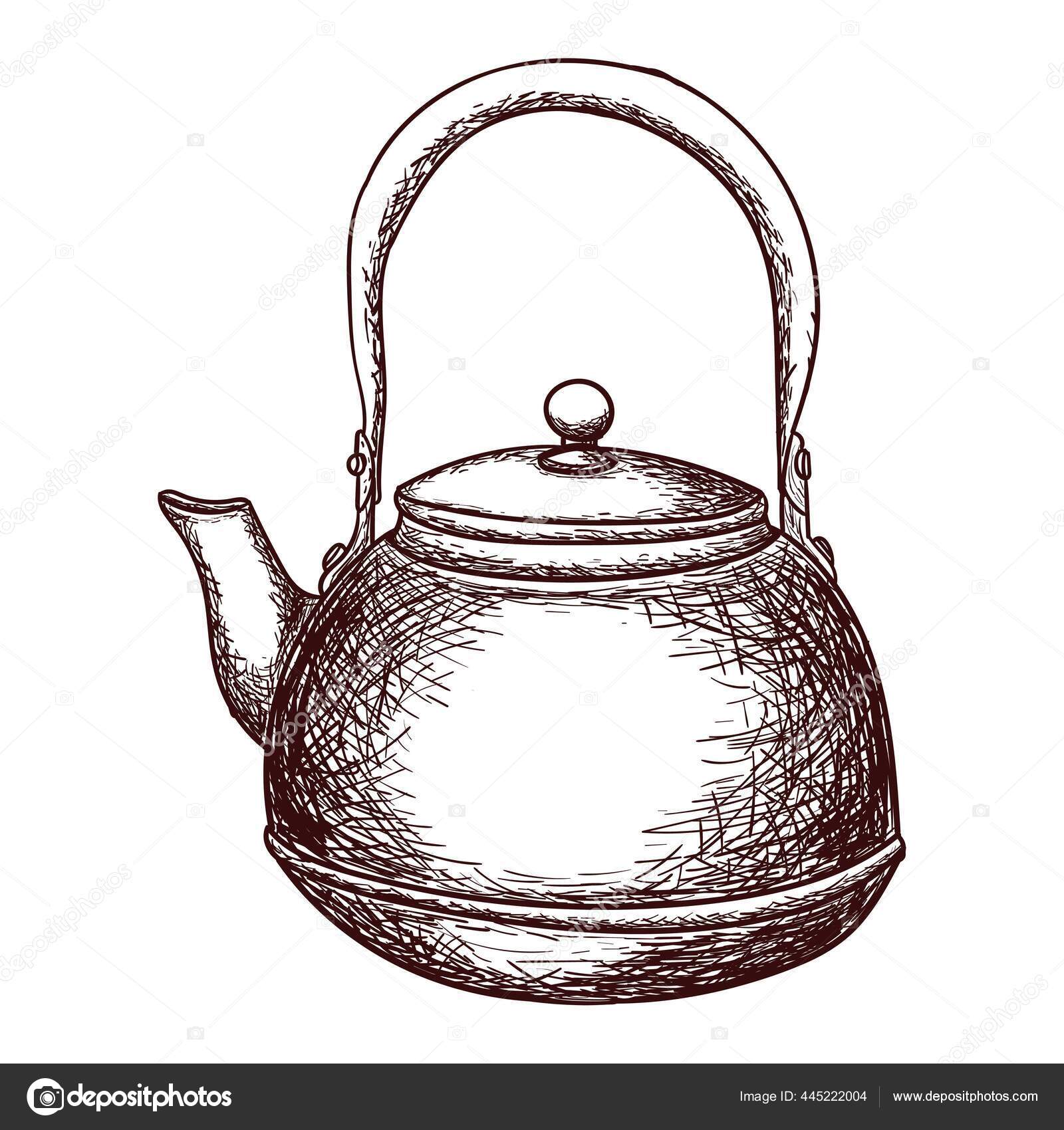 Tetera Cobre Estilo Boceto Dibujo Esquema Aislado Sobre Fondo Blanco ...