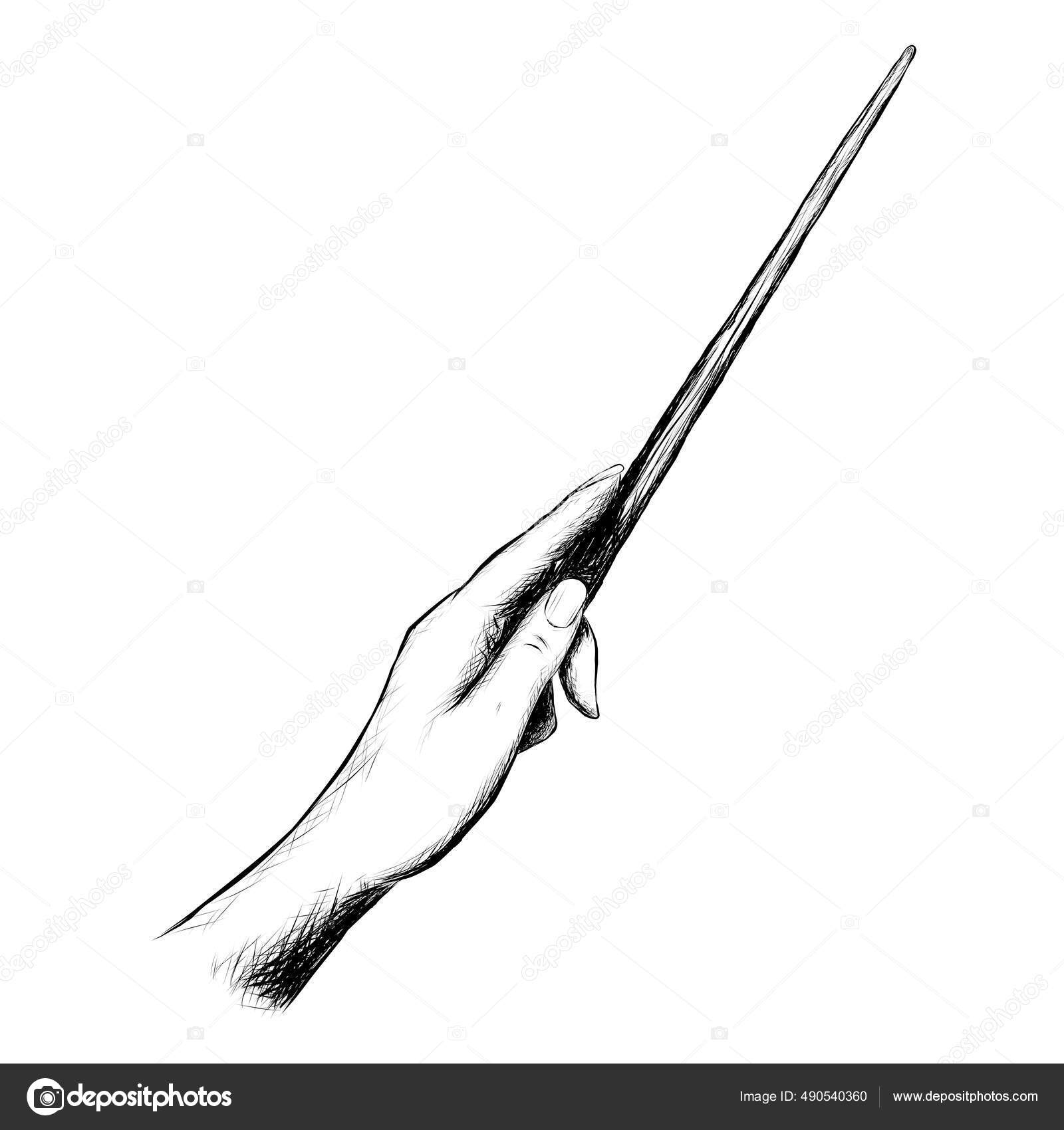 Hand Holding Magic Wand Black Outline Illustration Isolated White ...