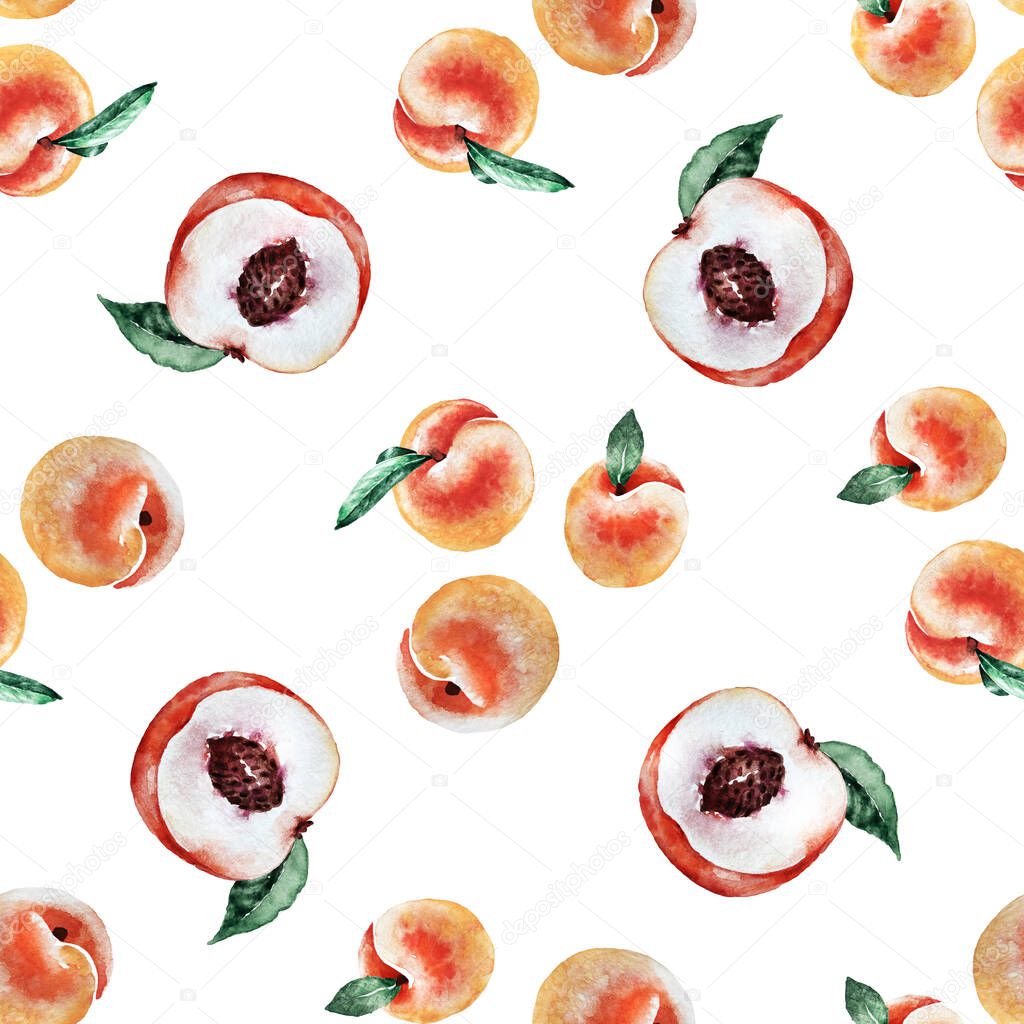 acuarela patrón sin costuras de melocotones con hojas, jugosas frutas maduras aisladas sobre ...