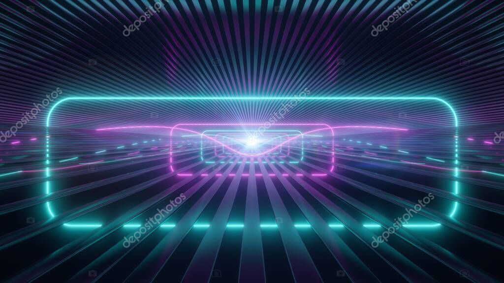 Rayo láser de neón azul rosado brilla en la línea de rayas reflectantes ...