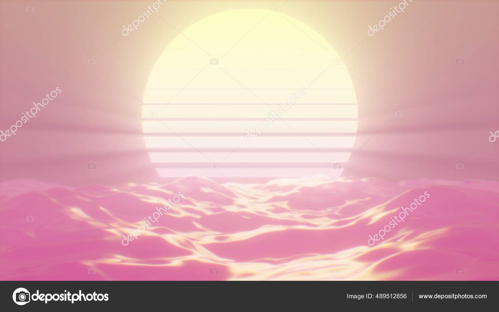 Retro 80s Sunset Light Rays Shine Over Ocean Water Waves Reflection ...