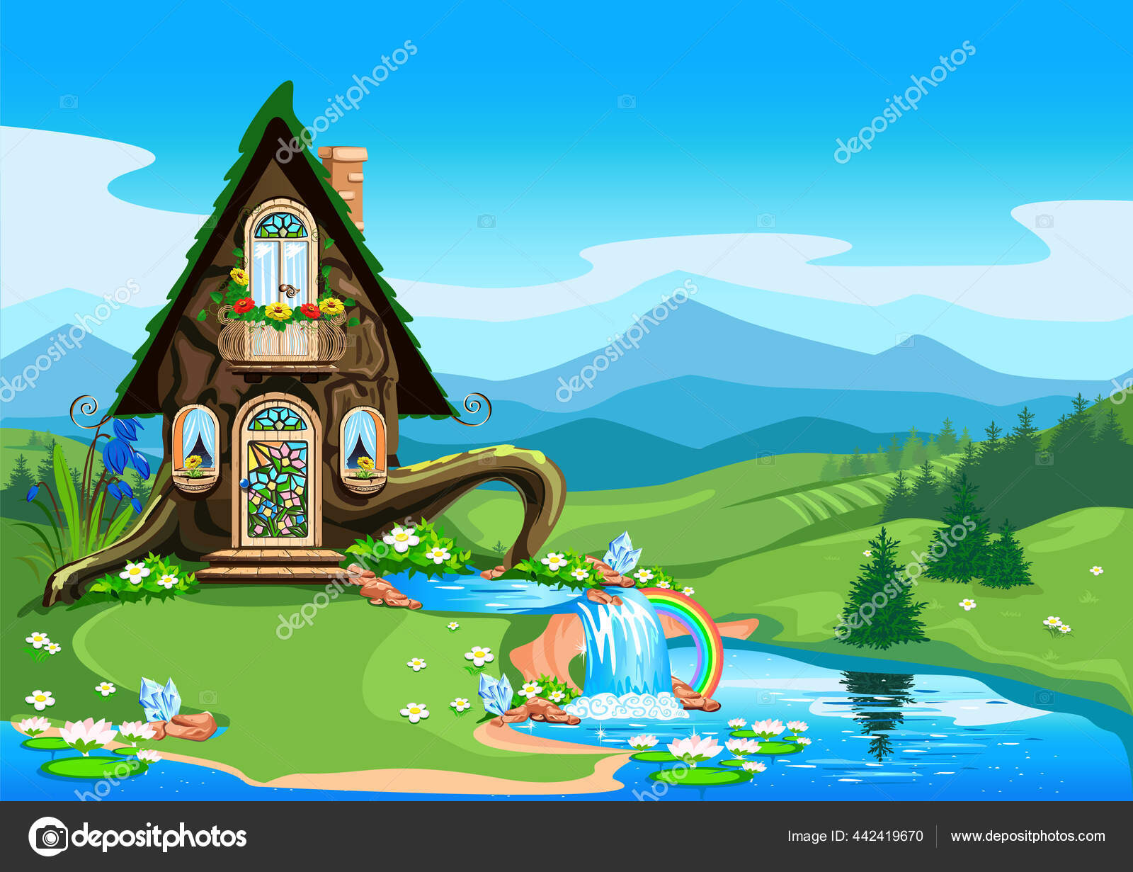 Cartoon Forest Elf House Balcony Magical Waterfall Weaving Pond Water ...