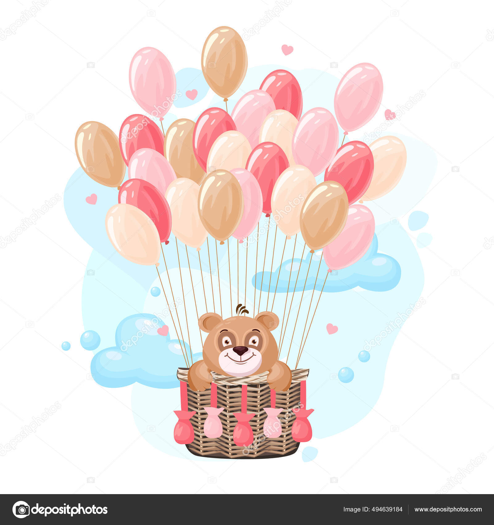 Teddy Bear Flies Balloons Vector Illustration Cheerful Bear Cub Cartoon ...