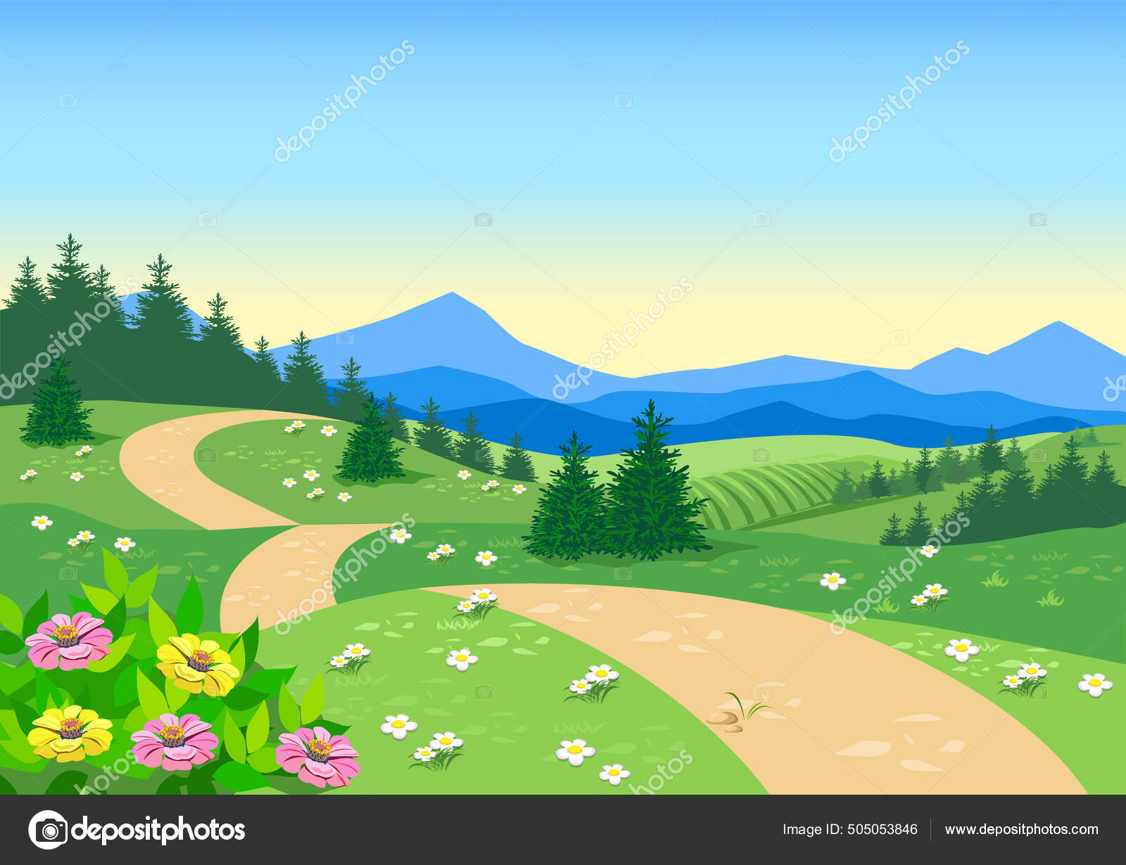 Fairy Tale Background Path Hills Meadows Forest Mountains Cartoon Style ...