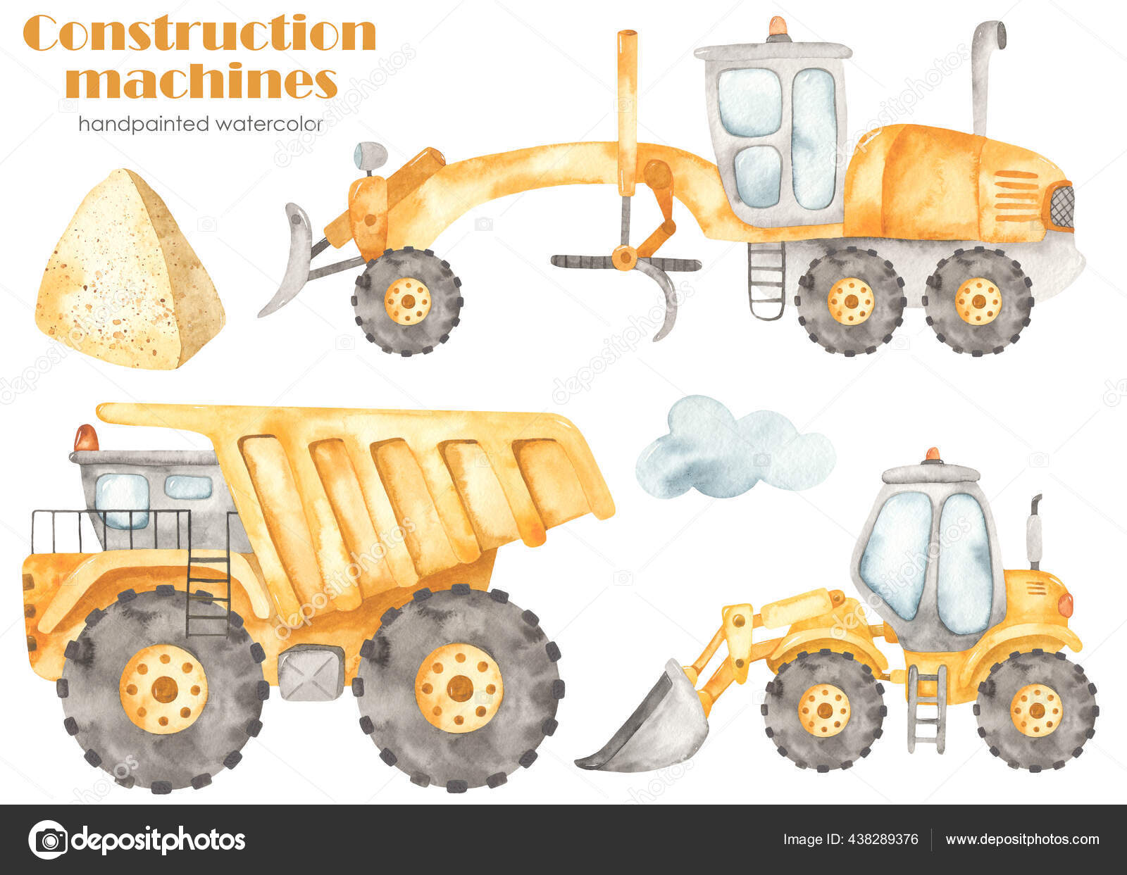 Watercolor Clipart Construction Machines Dump Truck Motor Grader Wheel ...