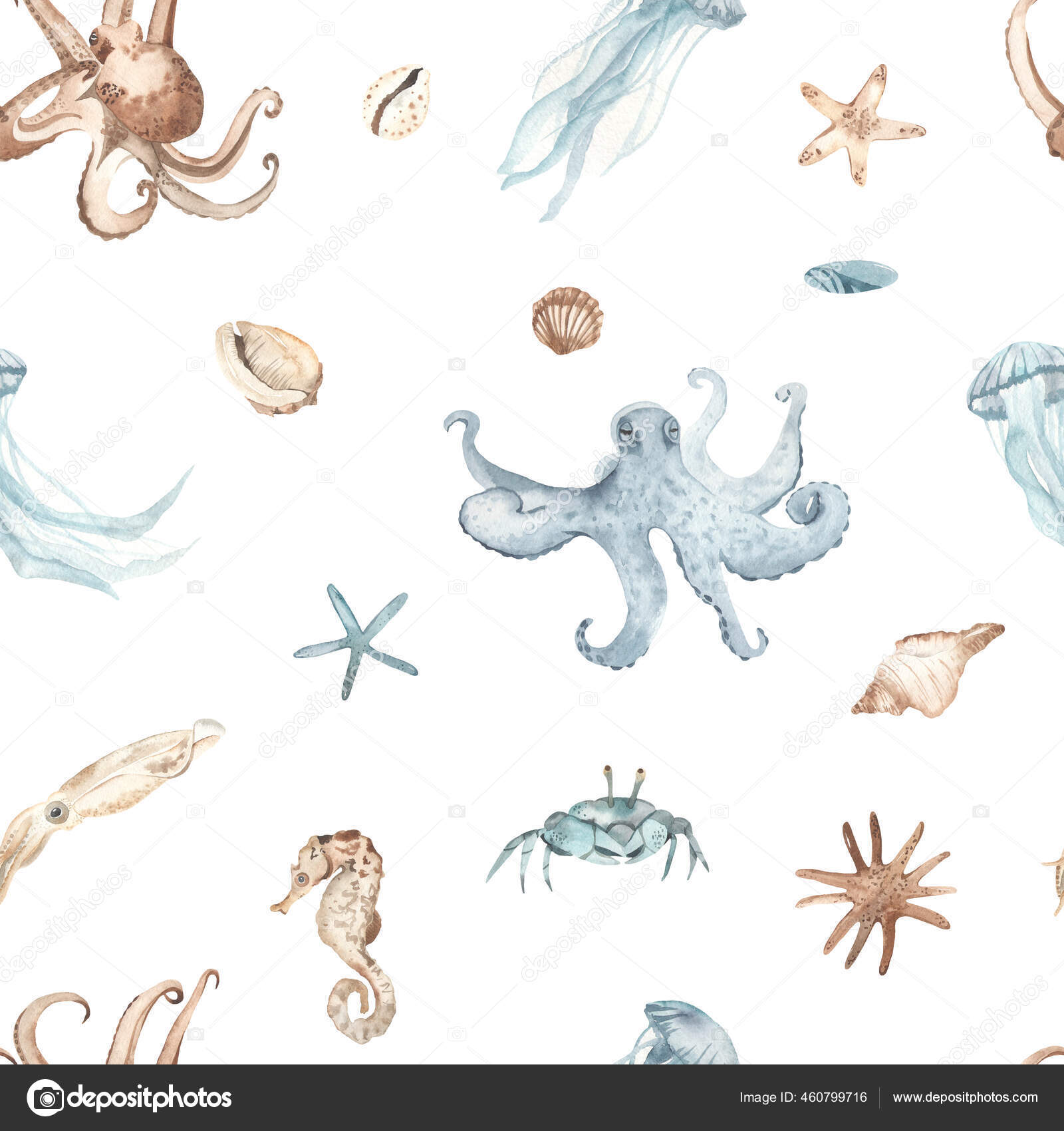 Watercolor Seamless Pattern Sea Reptiles Squid Octopus Crab Jellyfish ...