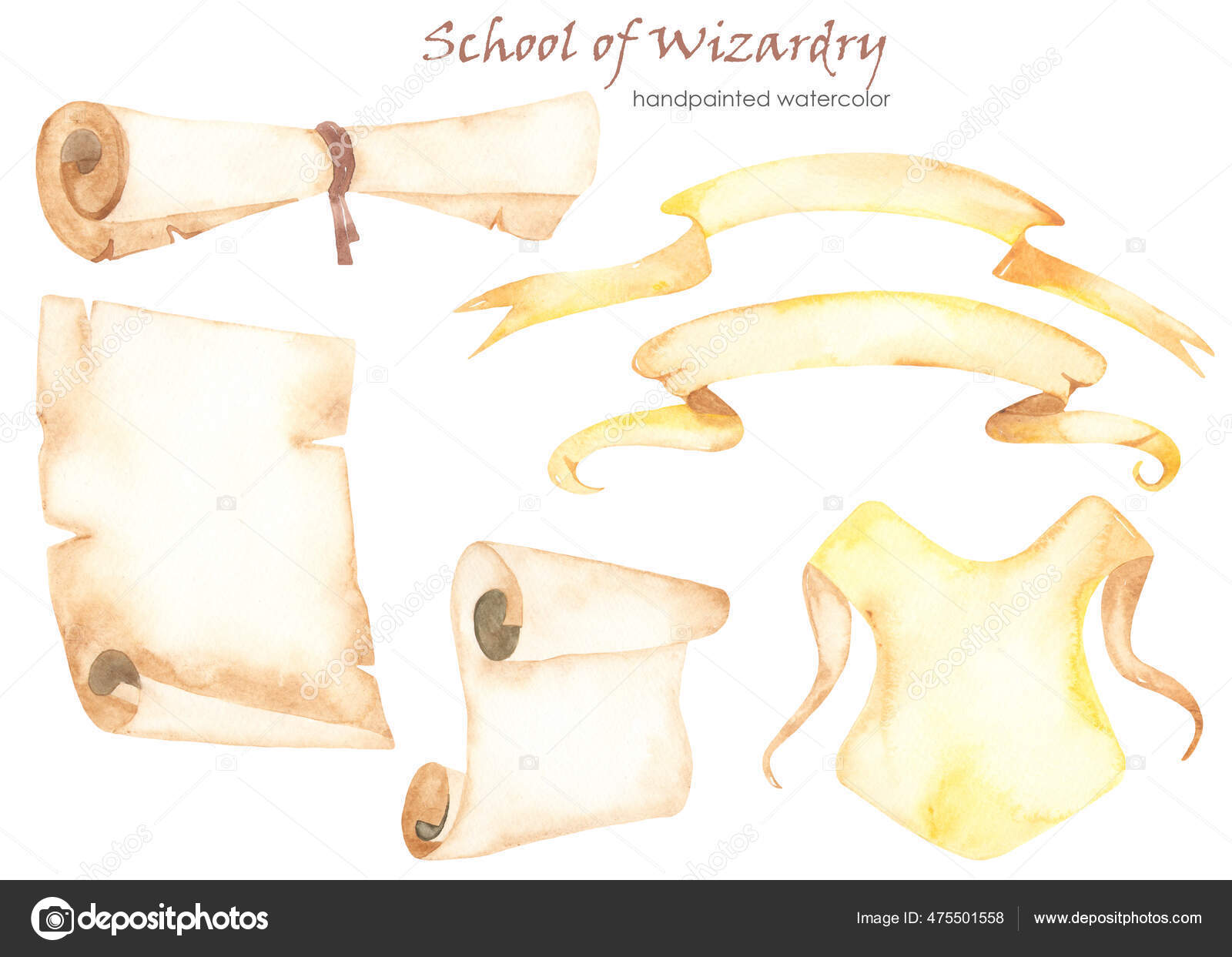 Magic Scrolls Ribbons Papipus Letters Paper Watercolor Hand Drawn ...