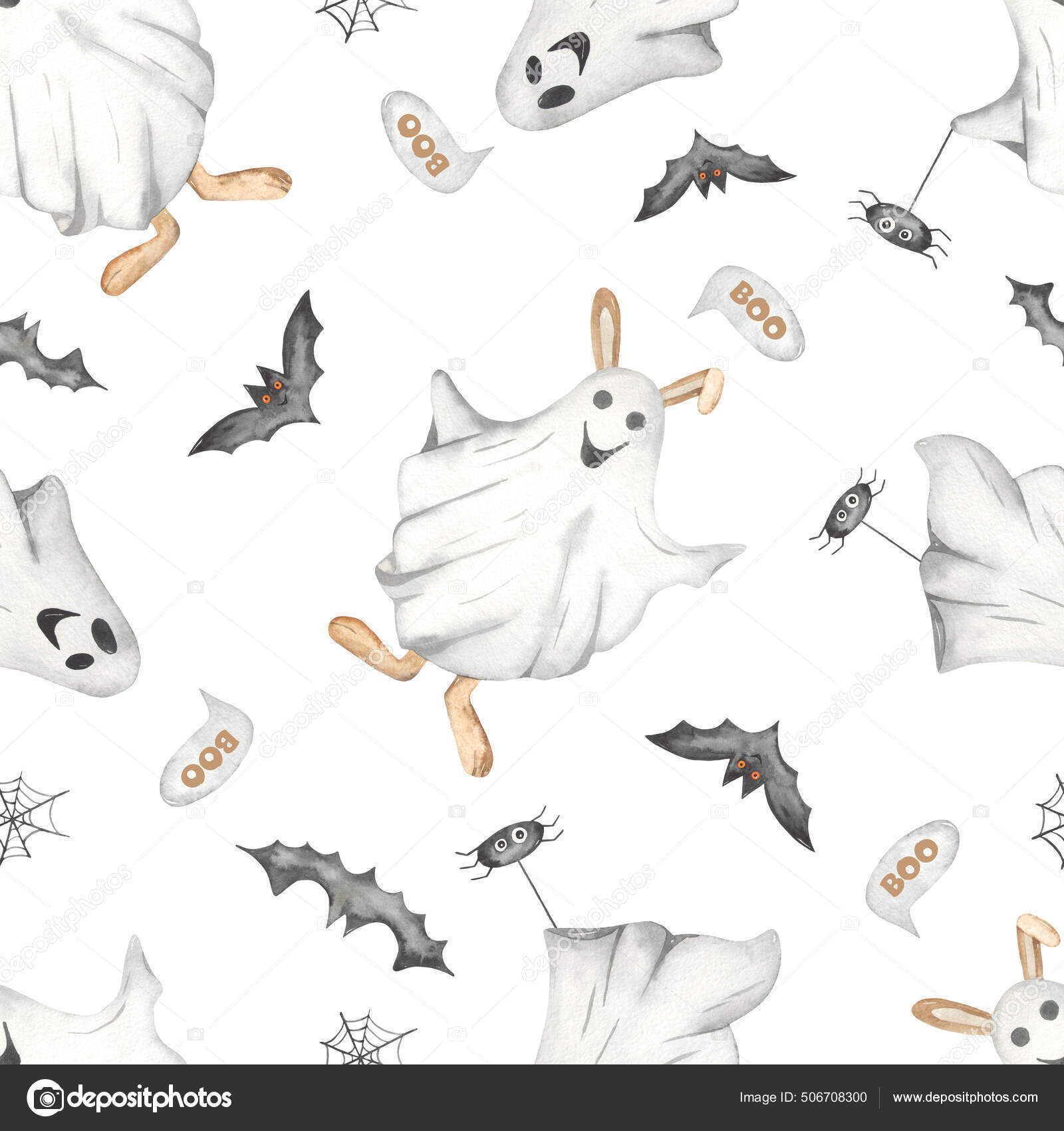 Hare Ghost Ghost Bats Spiders Cobwebs Watercolor Seamless Pattern Stock ...