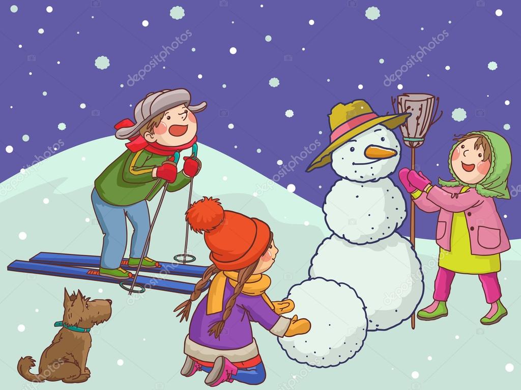 Niños jugando con nieve Vector de stock #69109195 de ©kimazo