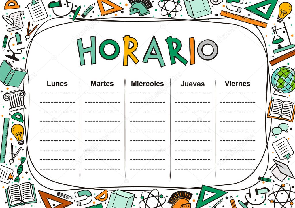 Spanish Kids Plantilla de un horario escolar para 5 días de la semana ...