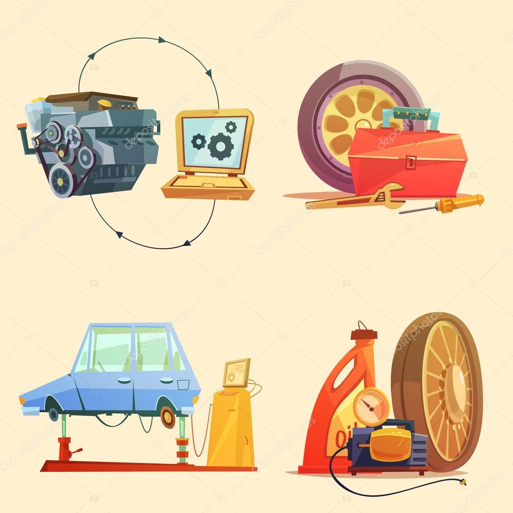 Juego de iconos de dibujos animados retro de servicio automático 2023