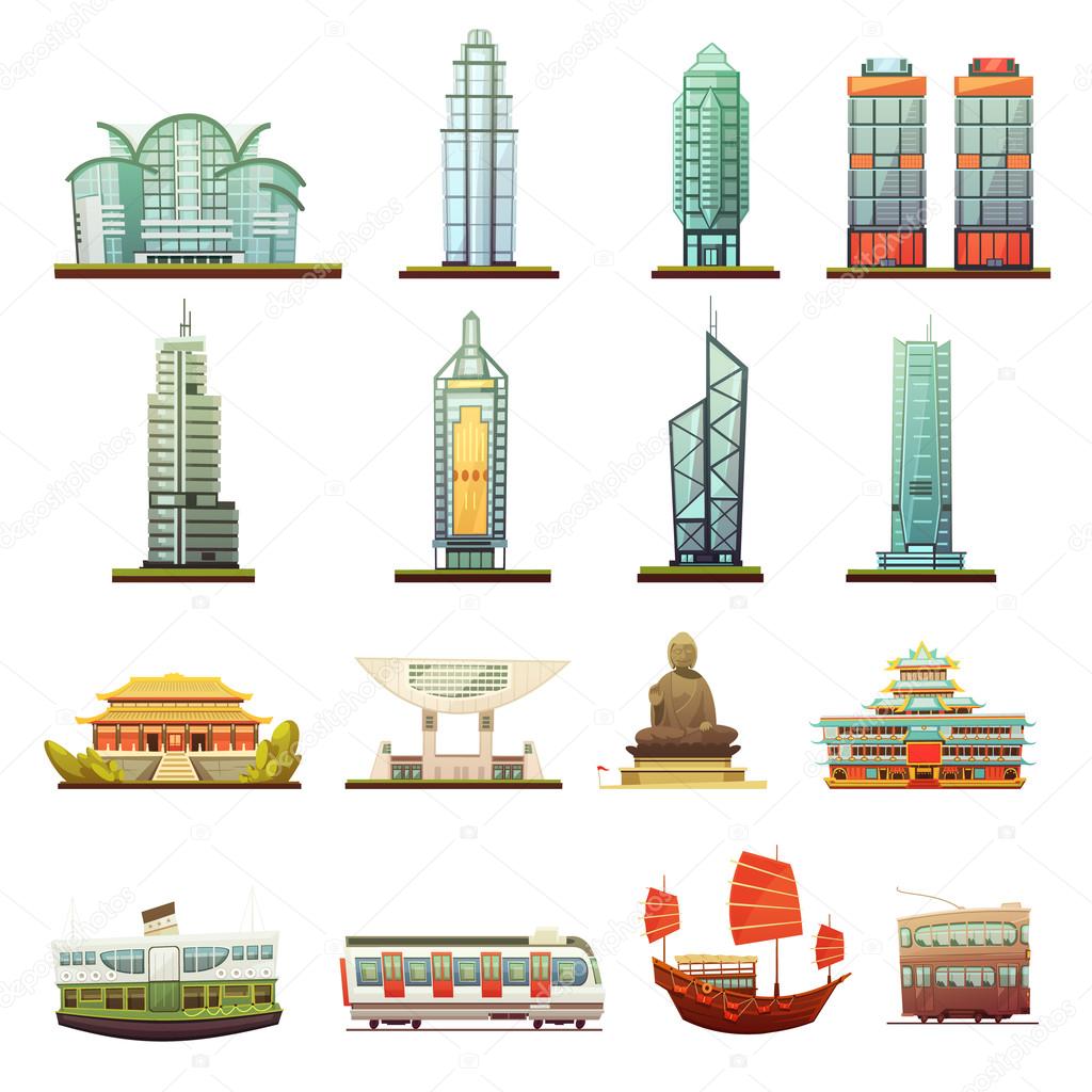 Hong Kong Landmarks Transportation Icons Set — Stock Vector ...