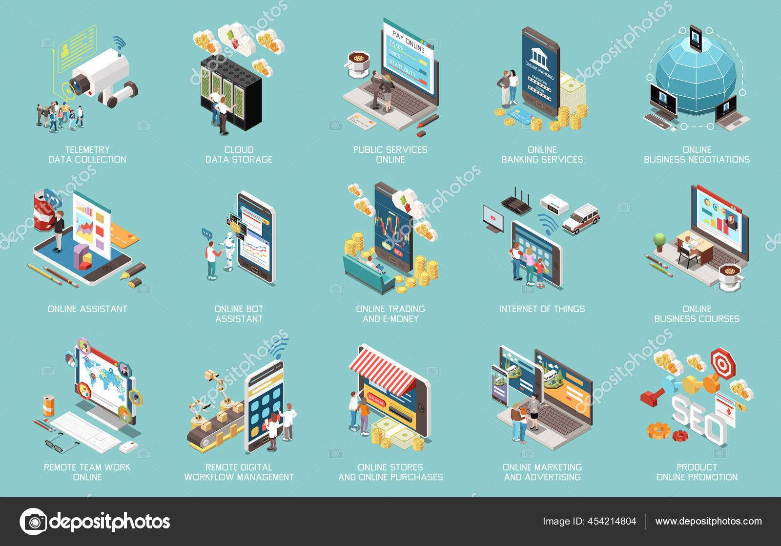 Ícones de transformação digital Vetor de stock de ©macrovector 454214804