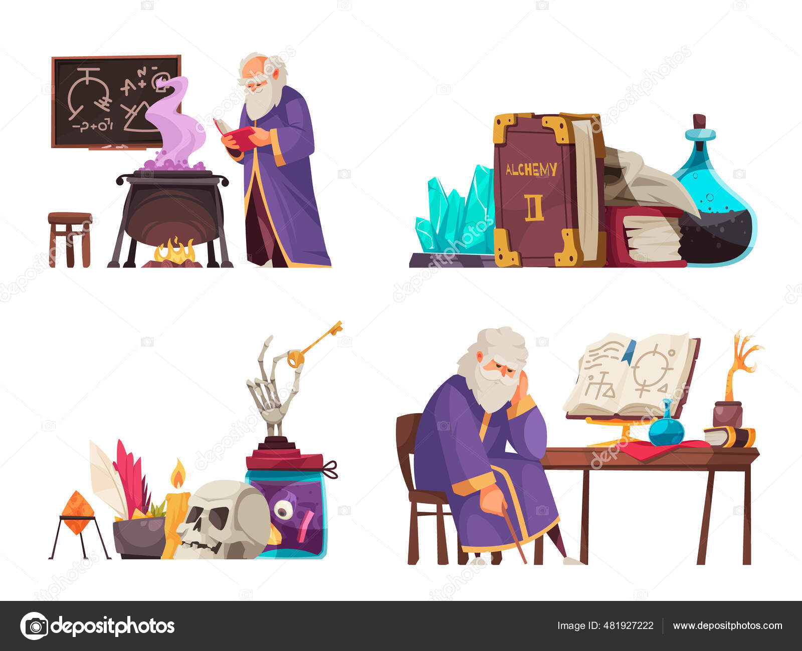 Cartoon Alchemy Compositions Stock Vector by ©macrovector 481927222